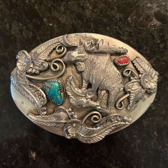 Accessories | Moose Belt Buckle With Turquoise And Coral Stone Native ...